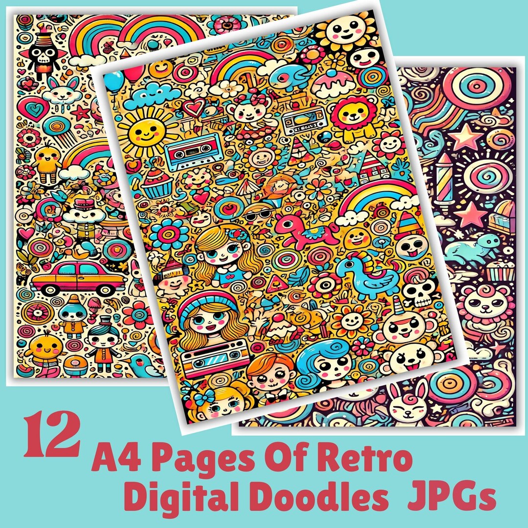 12 Retro Doodle Digital A4 Sheets JPG Images, Print at Home, Junk ...