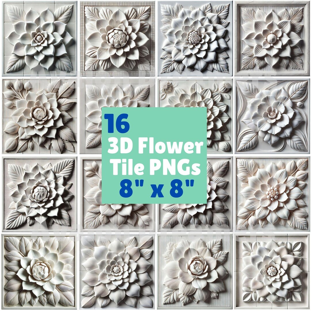 16 X 3D off White Flower Tile PNG Digital Images, 8" X 8" Print at Home ...