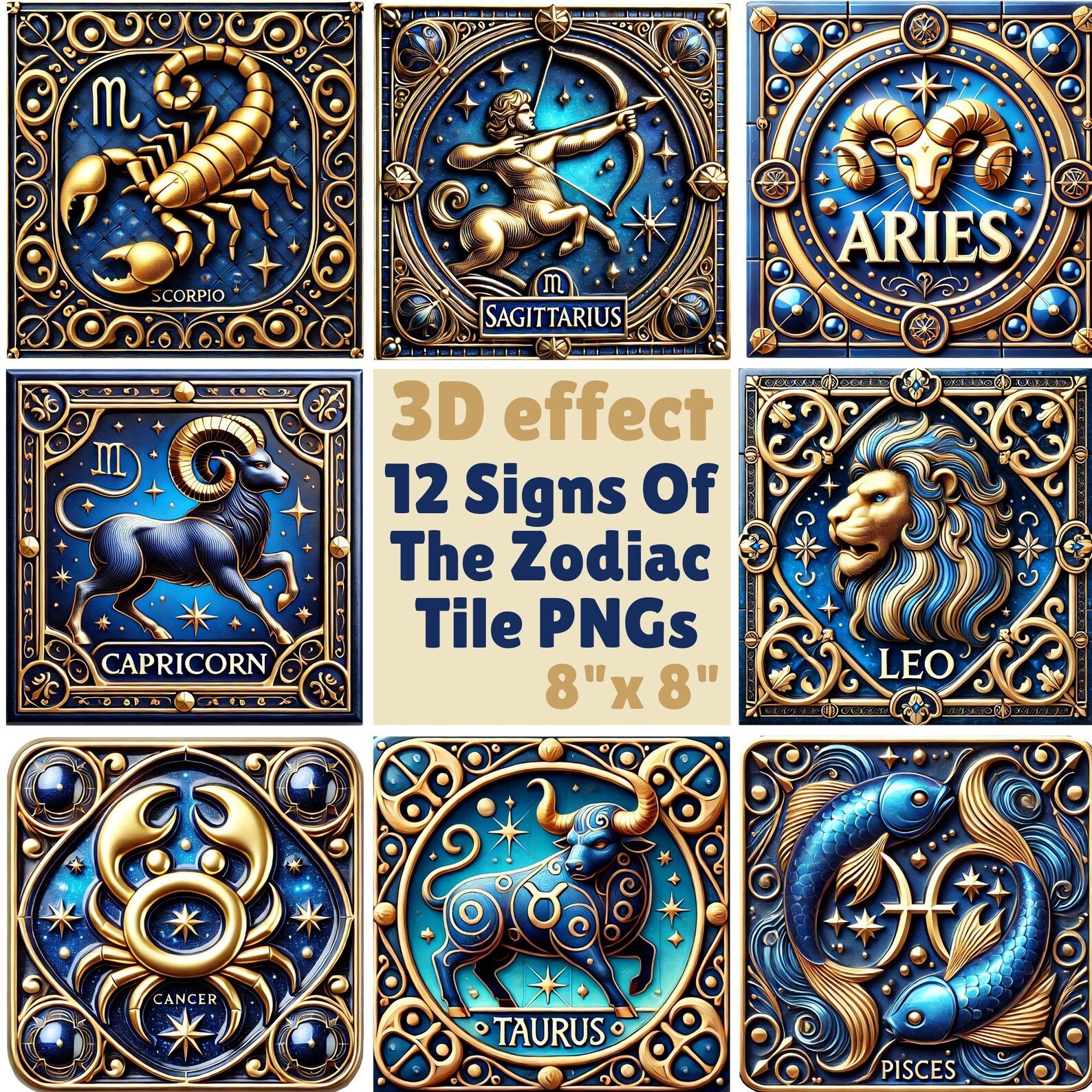 12 Signs of the Zodiac 3D Printable PNG Clipart, Square Tiles 8" X 8 ...