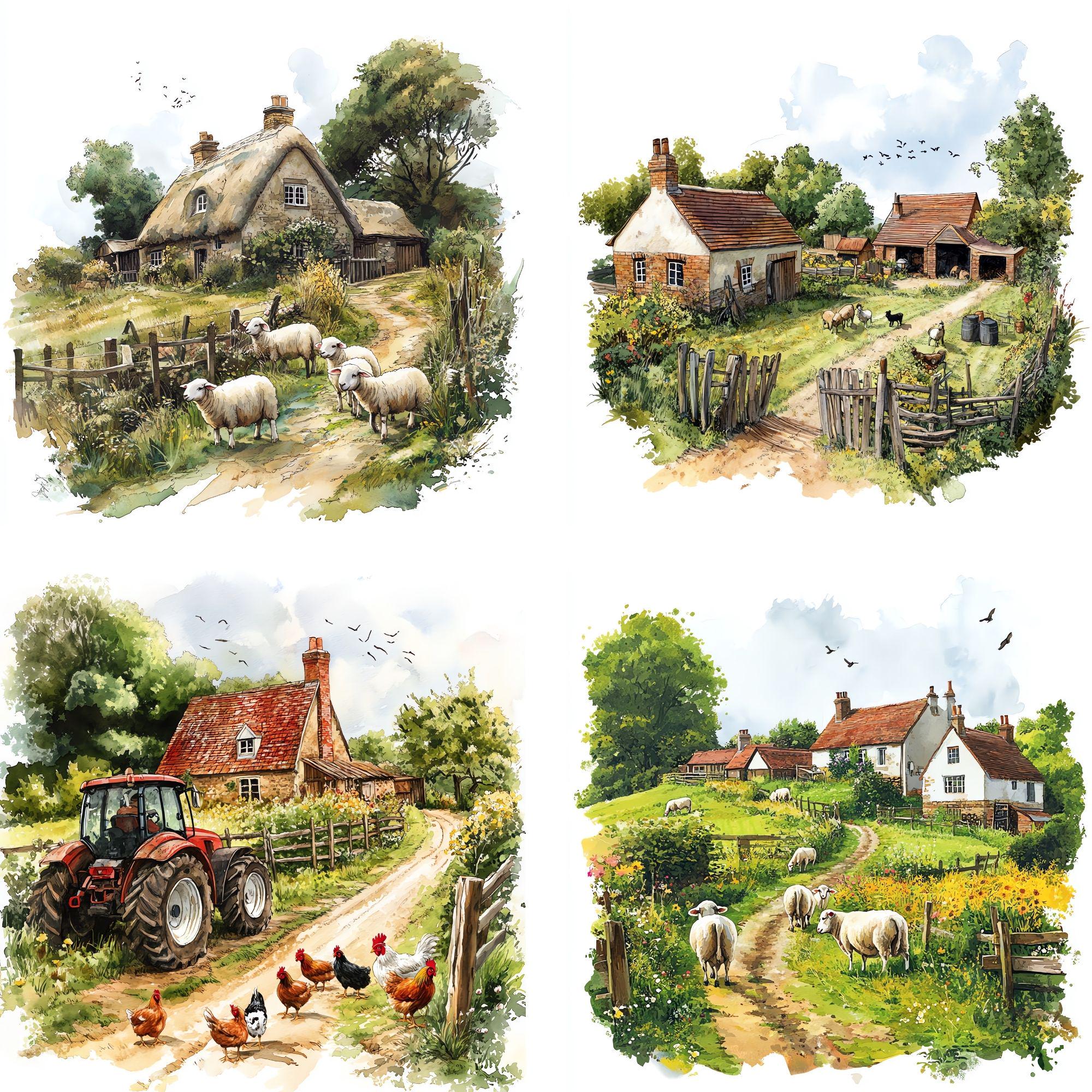 12 Watercolor English Farm Scenes Clipart JPG Images, Card Making, Junk ...