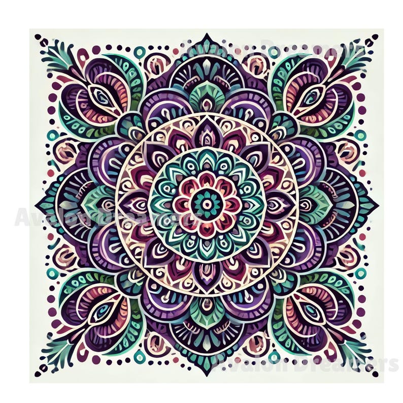 16 Bohemian Style Purple & Green Mandala Tile PNG Digital Images, Print at Home, Boho Kitchen ...