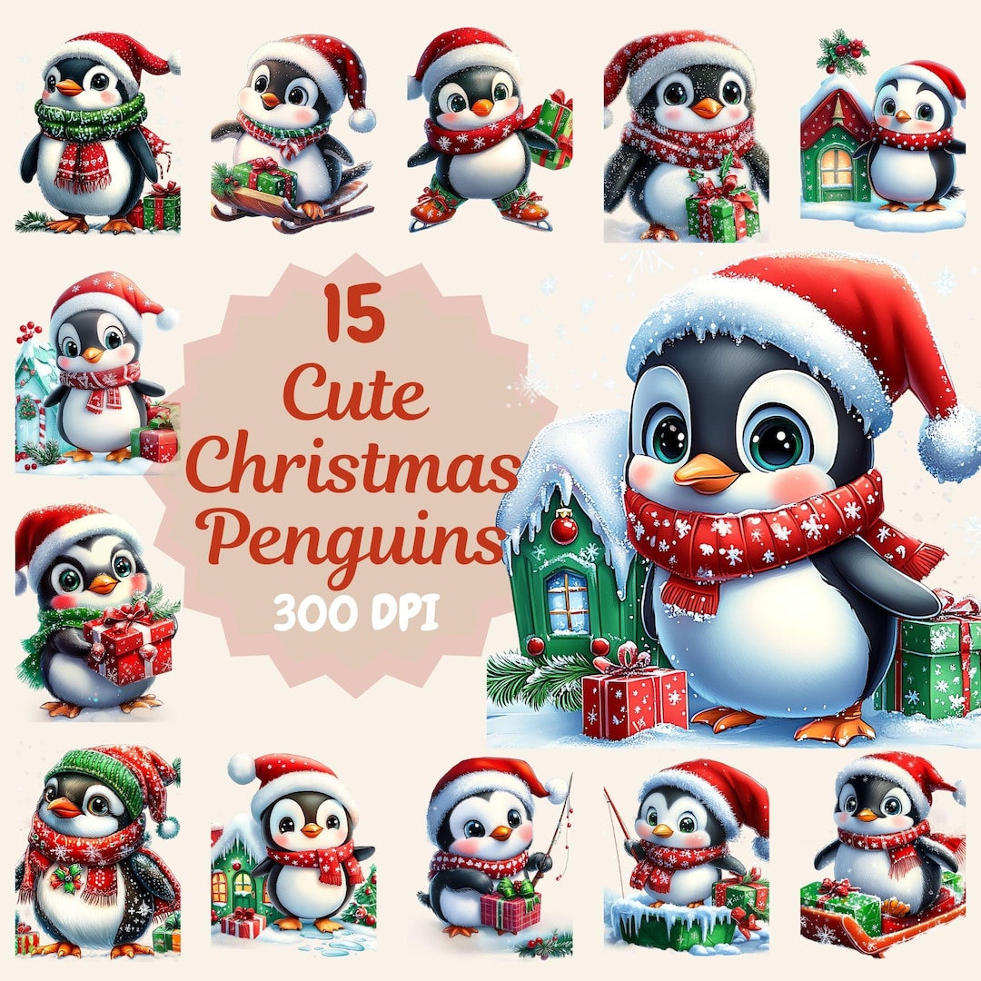15 Christmas Cute Penguins PNG Clipart, Transparent Background, Card ...
