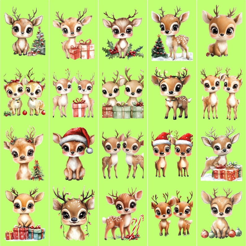 24 Christmas Cute Reindeer, Watercolor PNG Clipart, Transparent ...