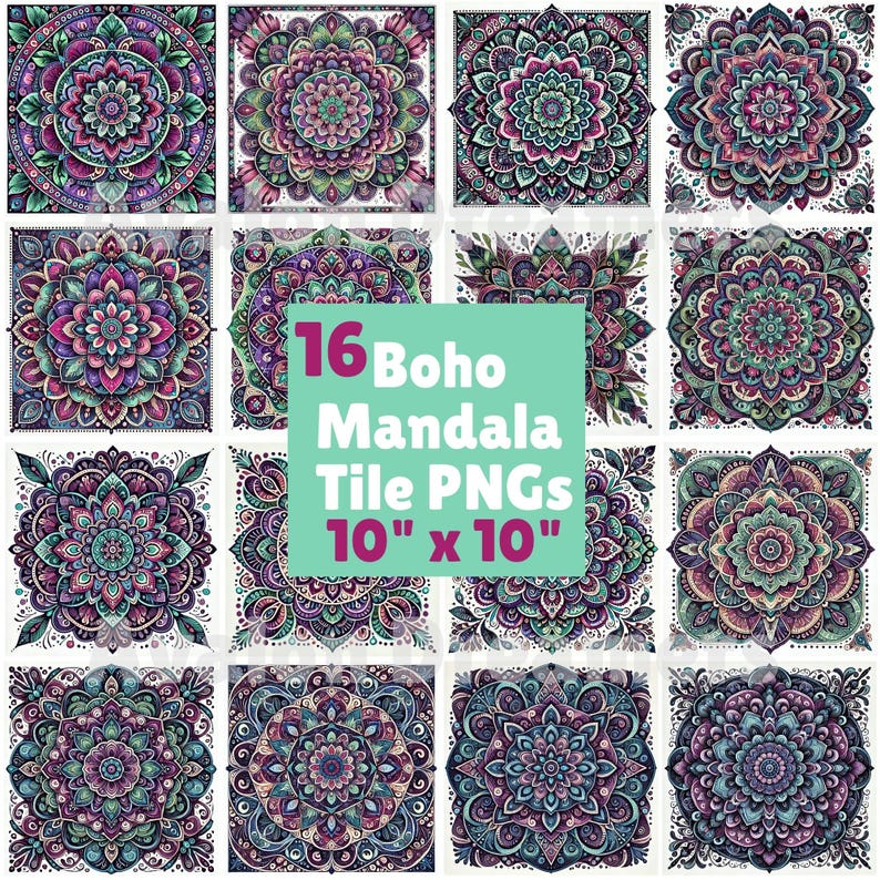 16 Bohemian Style Purple & Green Mandala Tile PNG Digital Images, Print at Home, Boho Kitchen ...