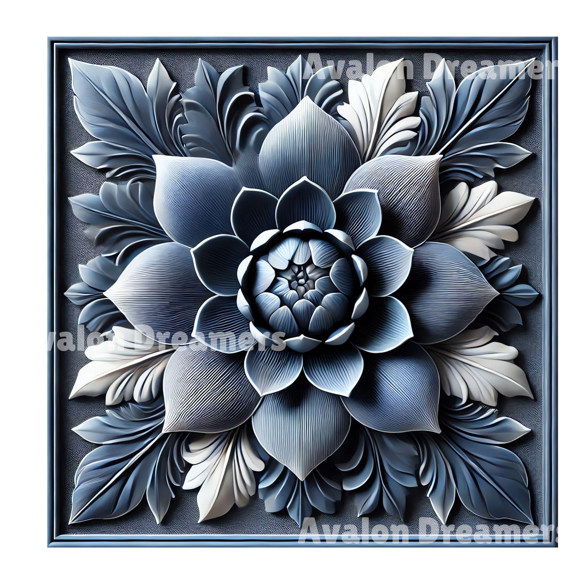 16 X 3D Navy Blue Flower Tile PNG Digital Images, 8" X 8" Print at Home ...
