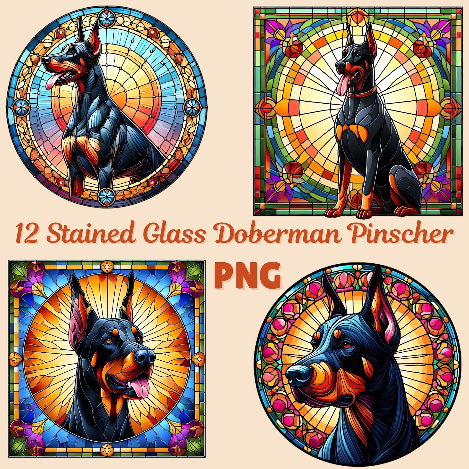 12 Doberman Pinscher Stained Glass Effect, PNG Clipart, Print at Home ...