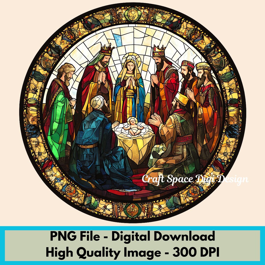 Christmas Nativity Scene - Stained Glass Effect - Round Digital Image ...
