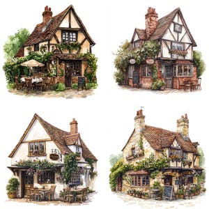 12 Watercolor English Village Pub Scenes Clipart JPG Images, Card ...