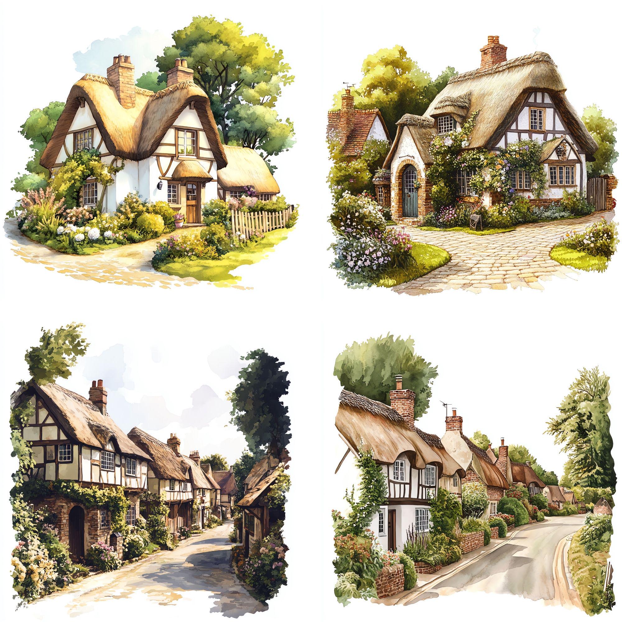 12 Watercolor English Thatched Roof Cottage Scenes Clipart JPG Images ...