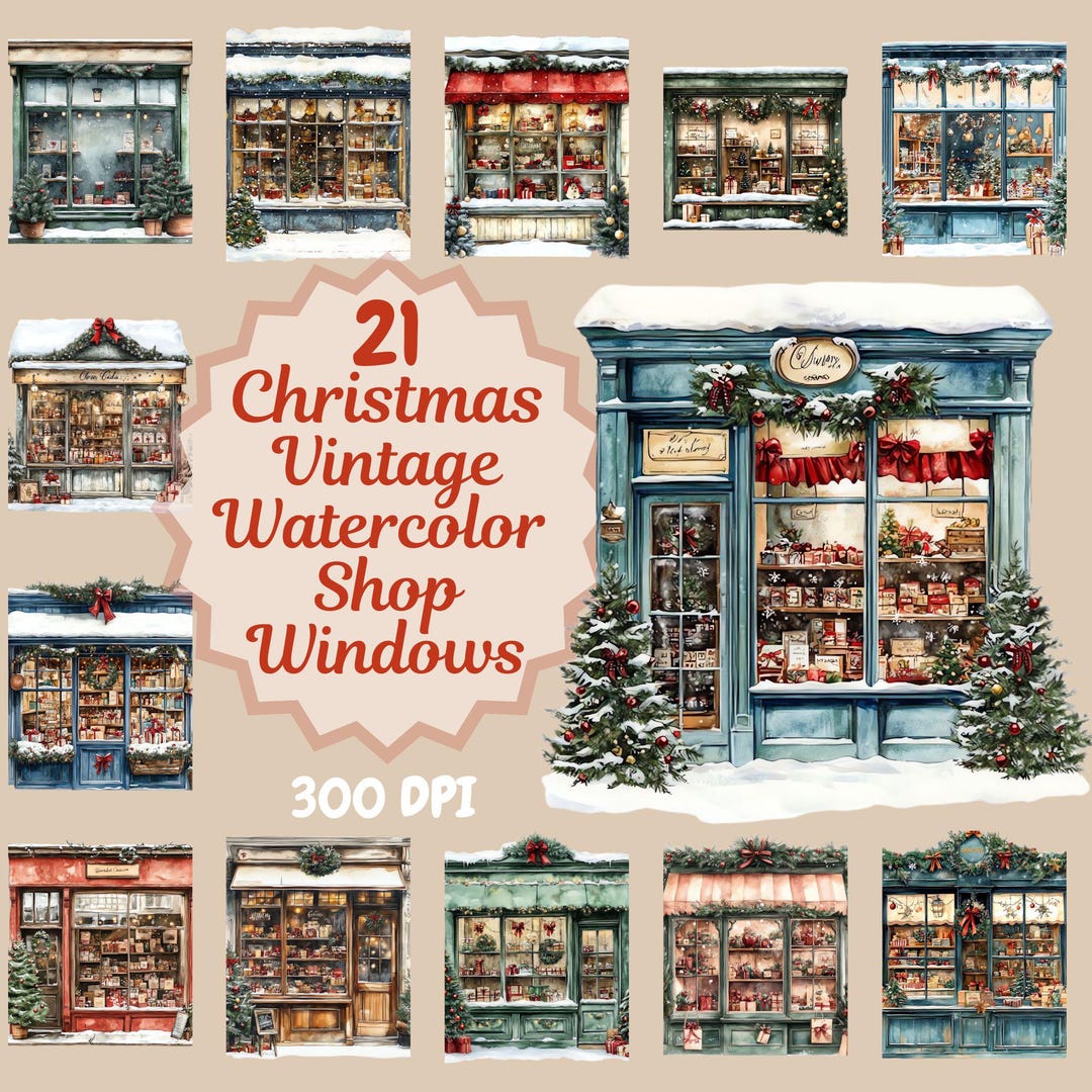 21 Christmas Shop Windows PNG Clipart, Vintage Watercolor Designs ...