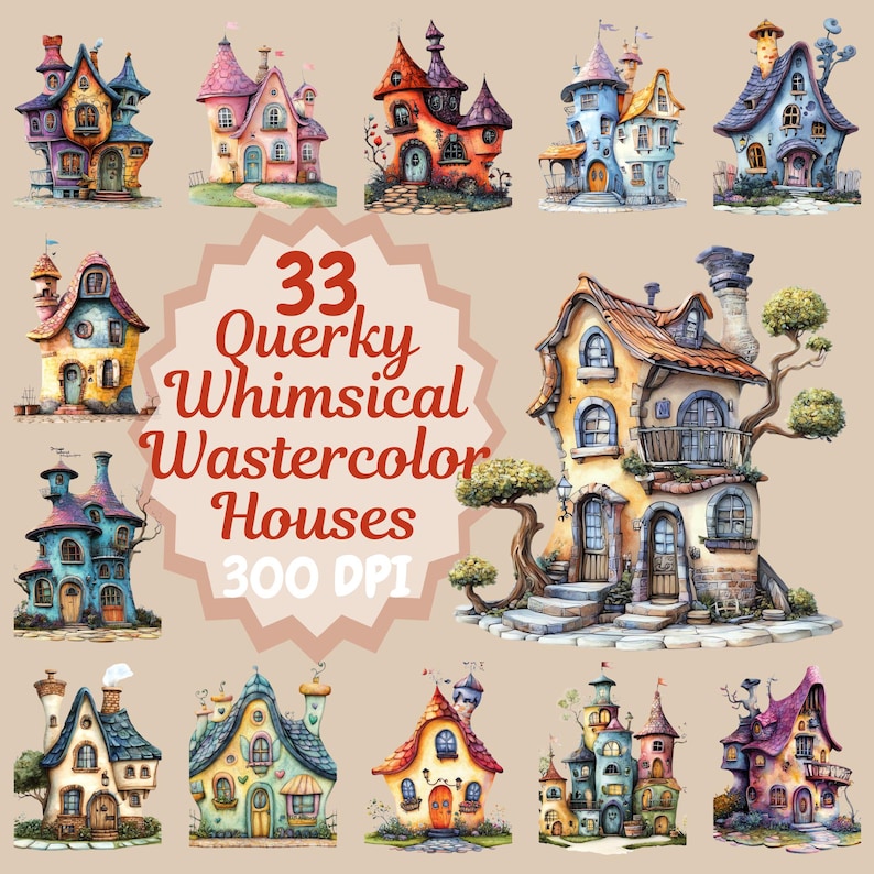 33 Whimsical Querky Houses PNG Clipart, Watercolor Designs, Transparent ...