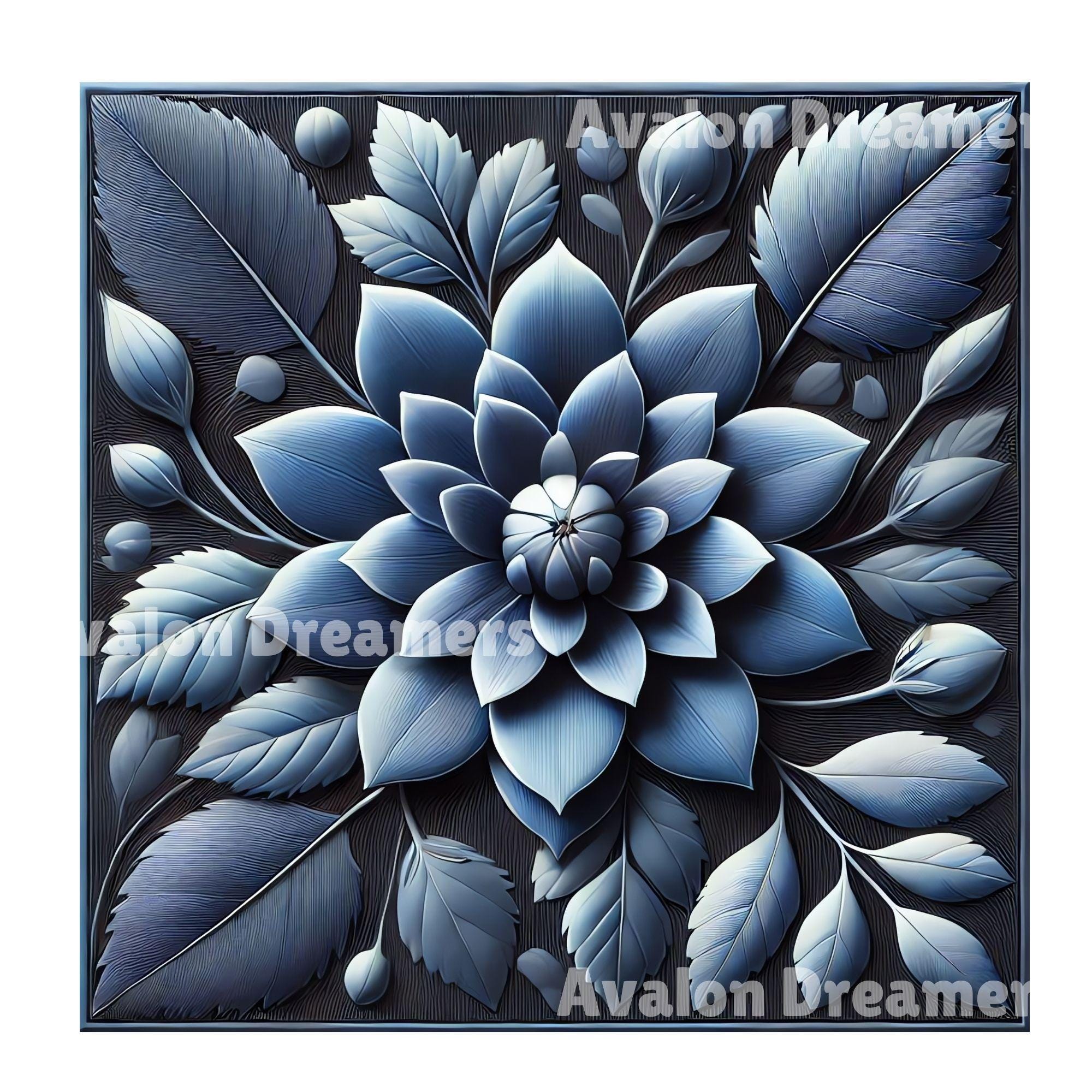 16 X 3D Navy Blue Flower Tile PNG Digital Images, 8" X 8" Print at Home ...
