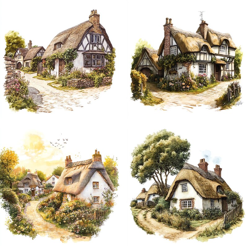 12 Watercolor English Thatched Roof Cottage Scenes Clipart JPG Images ...