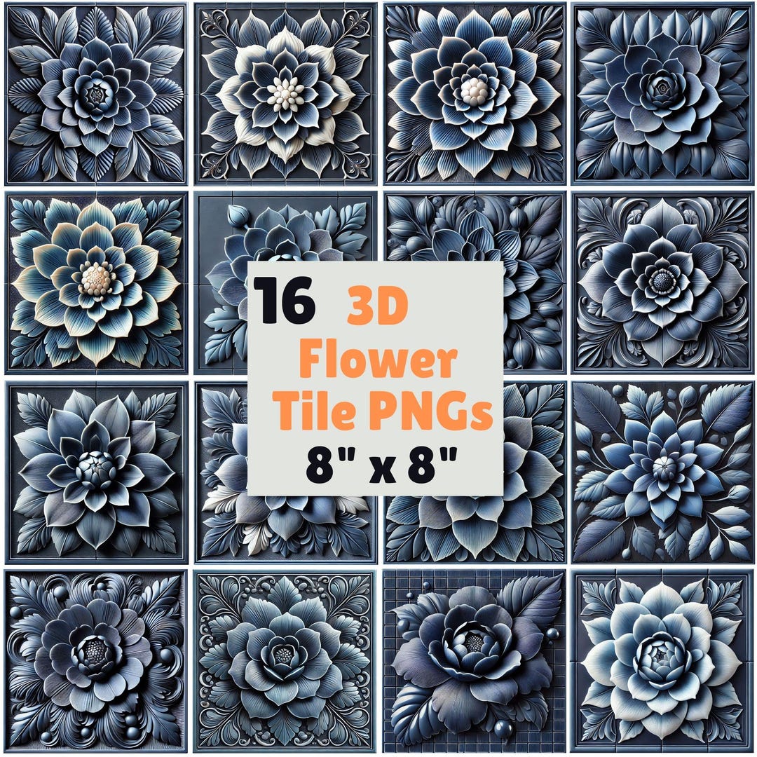 16 X 3D Navy Blue Flower Tile PNG Digital Images, 8" X 8" Print at Home ...