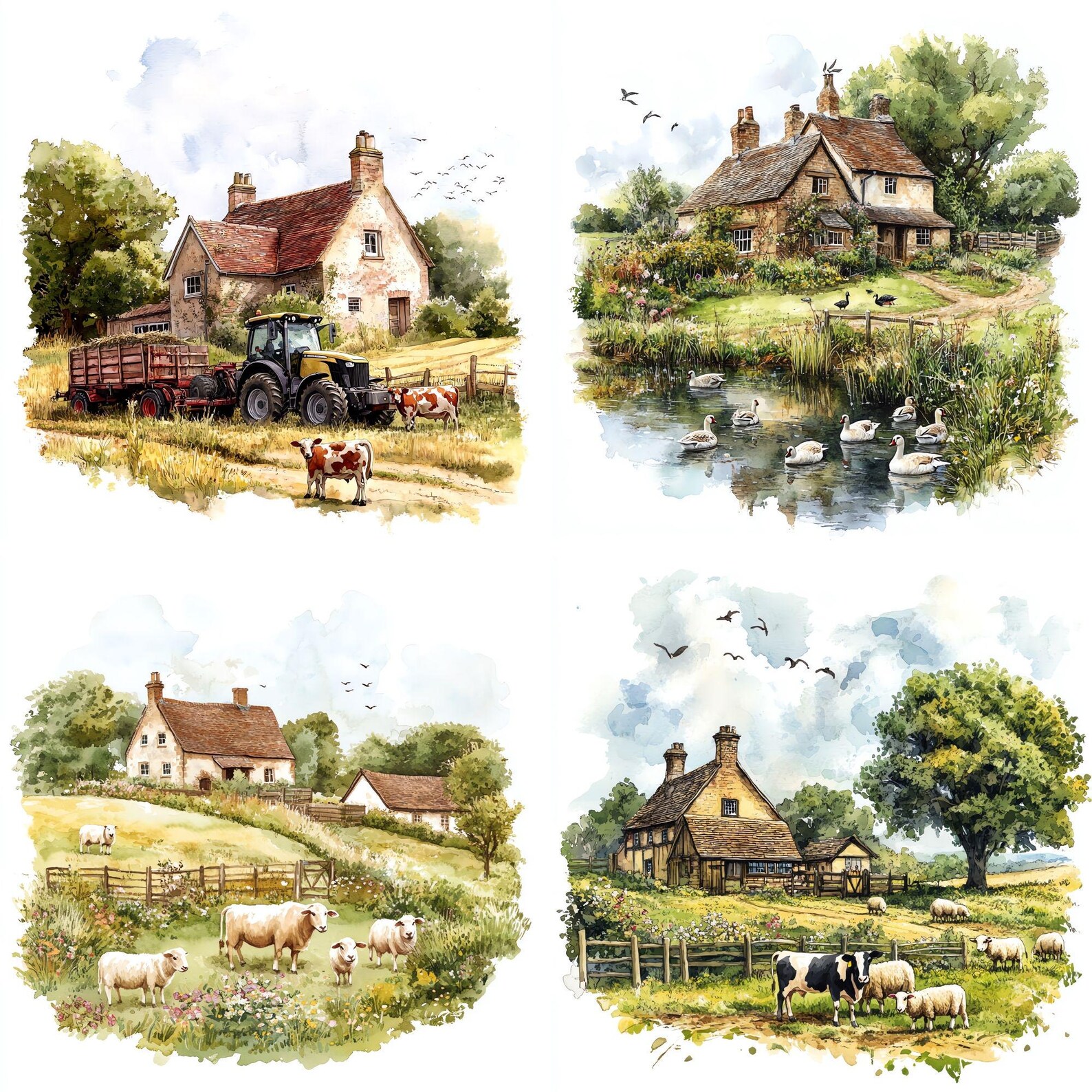 12 Watercolor English Farm Scenes Clipart JPG Images, Card Making, Junk ...