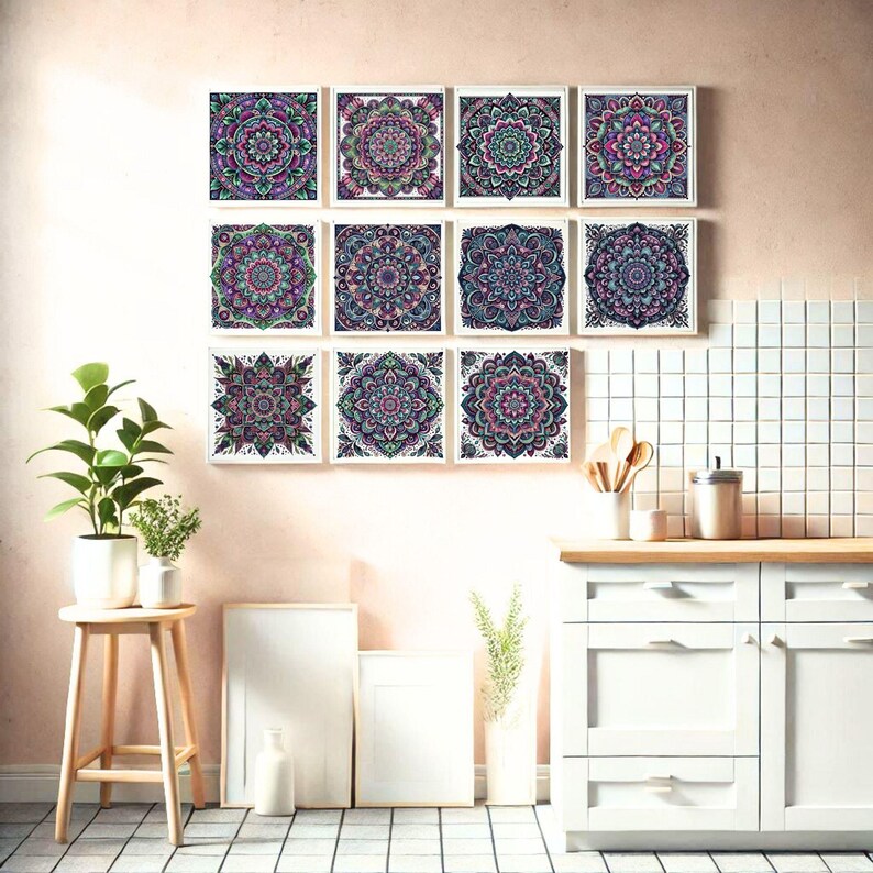 16 Bohemian Style Purple & Green Mandala Tile PNG Digital Images, Print at Home, Boho Kitchen ...
