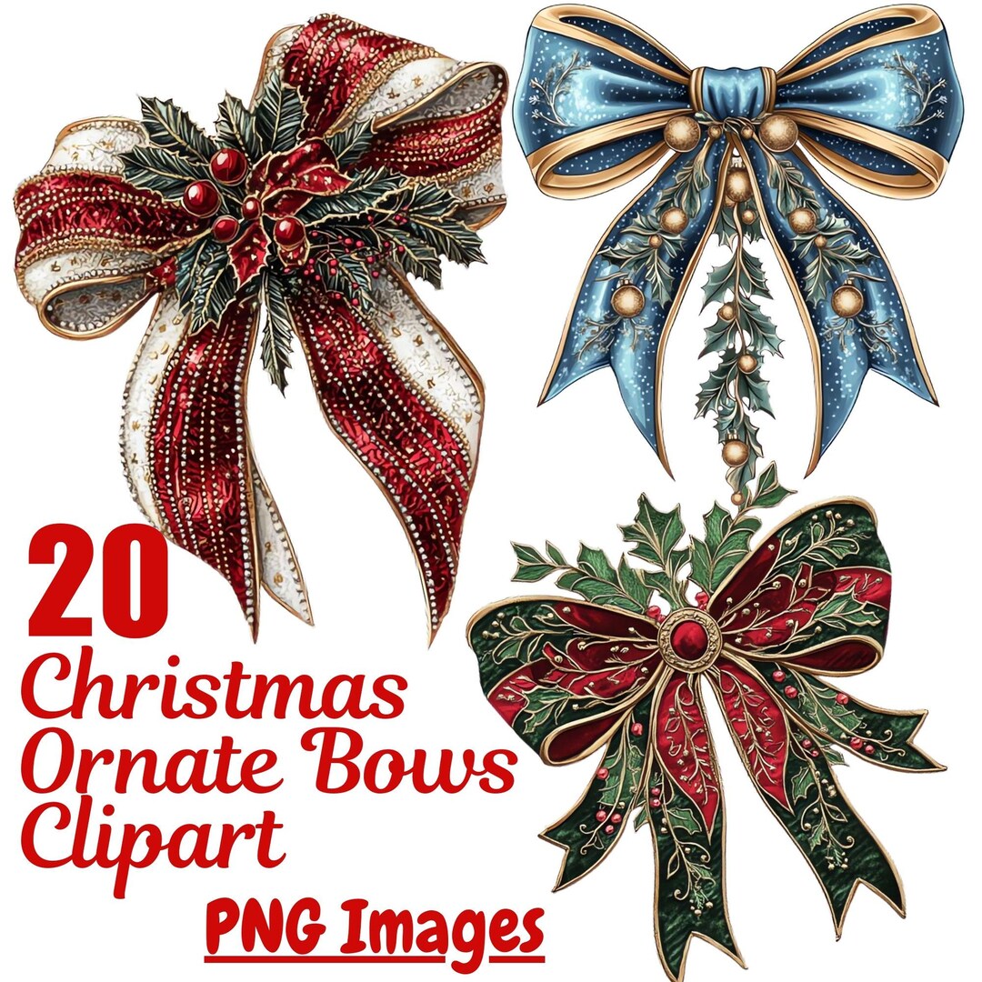 20 Ornate Christmas Bows PNG Clipart Transparent Background, Card ...