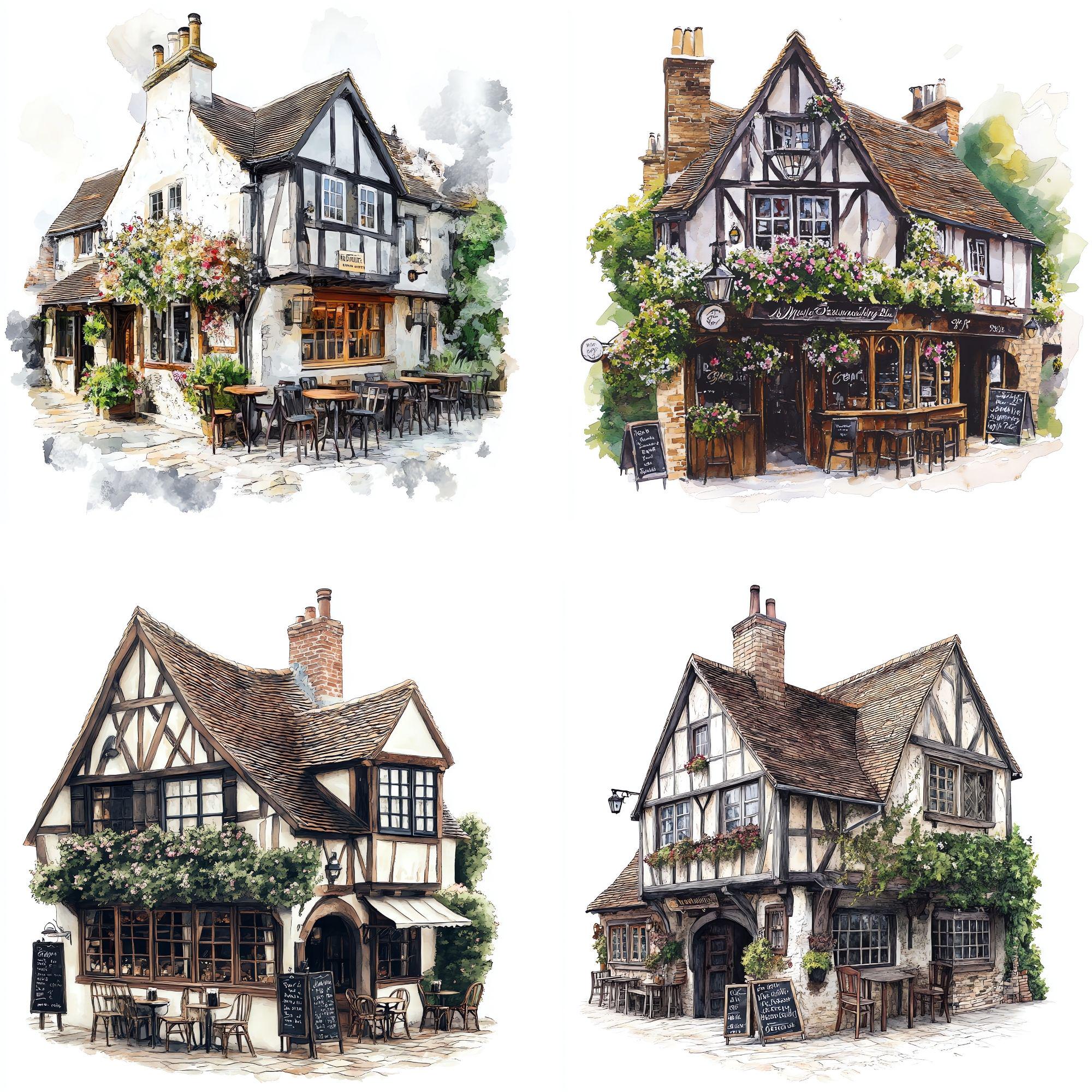 12 Watercolor English Village Pub Scenes Clipart JPG Images, Card ...
