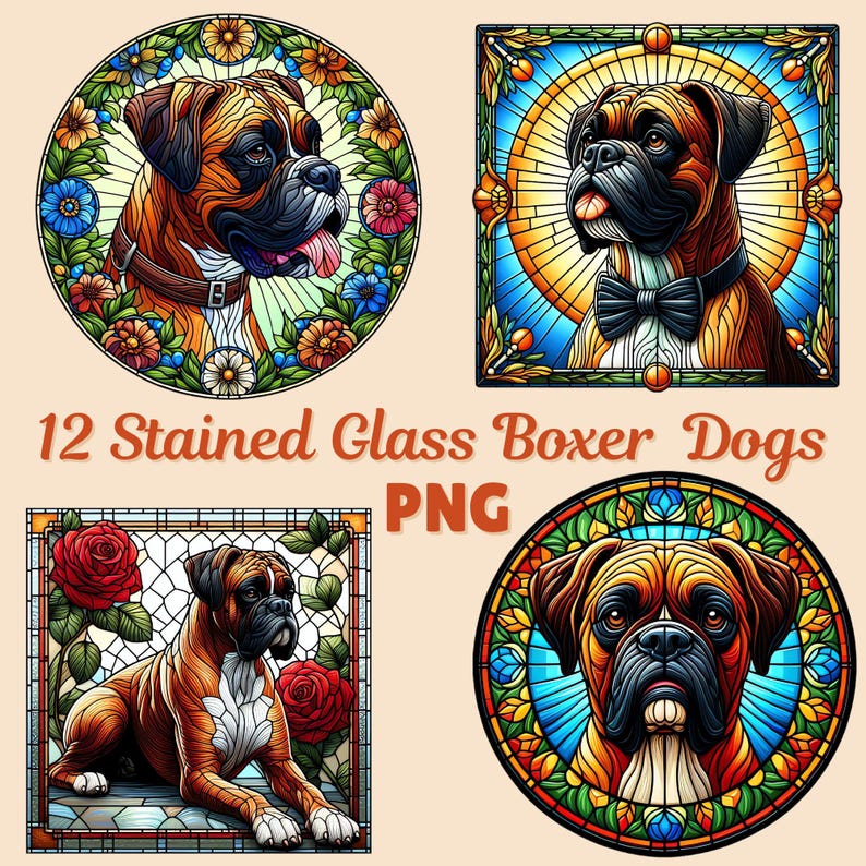 12 Boxer Dog Stained Glass Effect, PNG Clipart, Print at Home ...