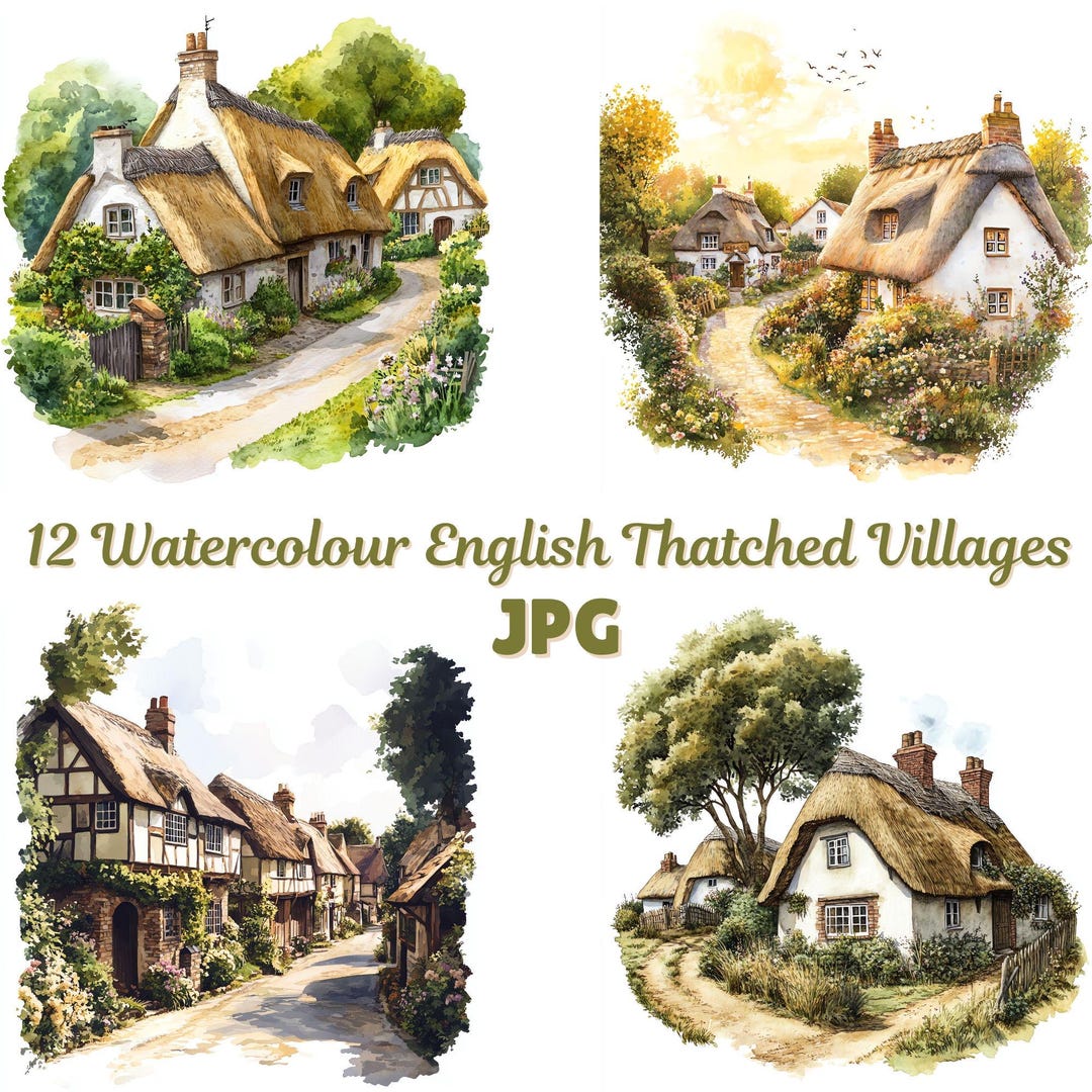 12 Watercolor English Thatched Roof Cottage Scenes Clipart JPG Images ...