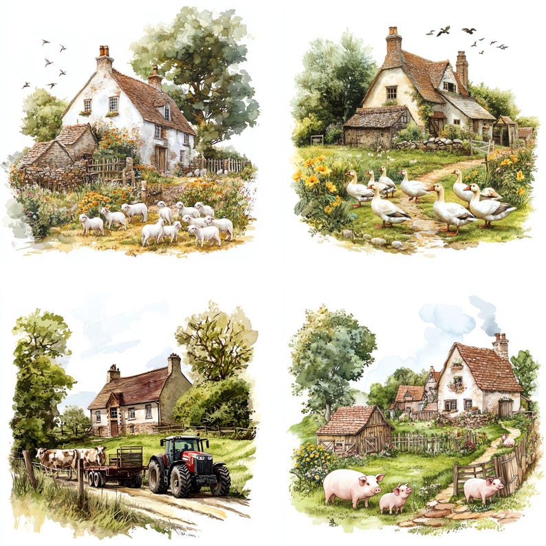 12 Watercolor English Farm Scenes Clipart JPG Images, Card Making, Junk ...