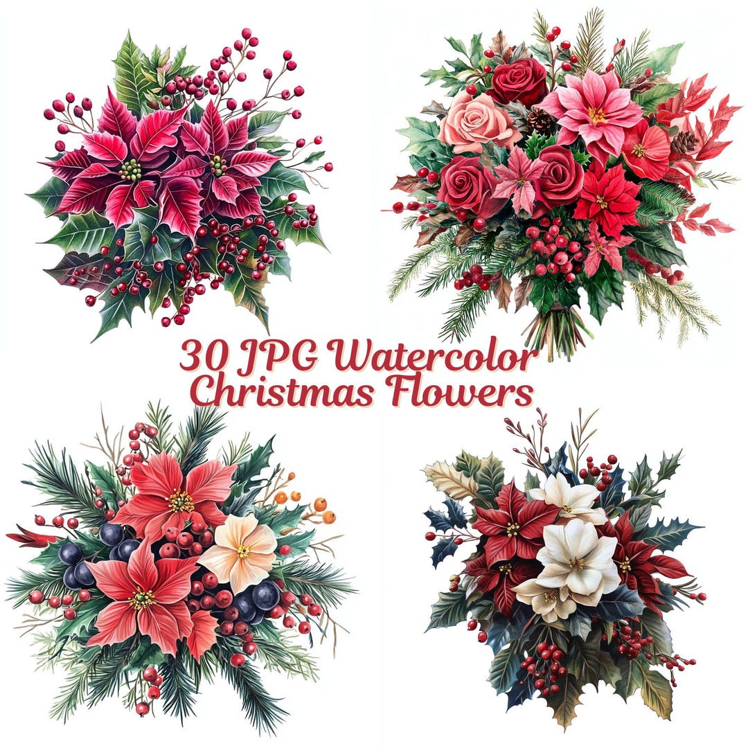 30 Watercolor Christmas Flowers Clipart JPG Images, Card Making, Junk ...