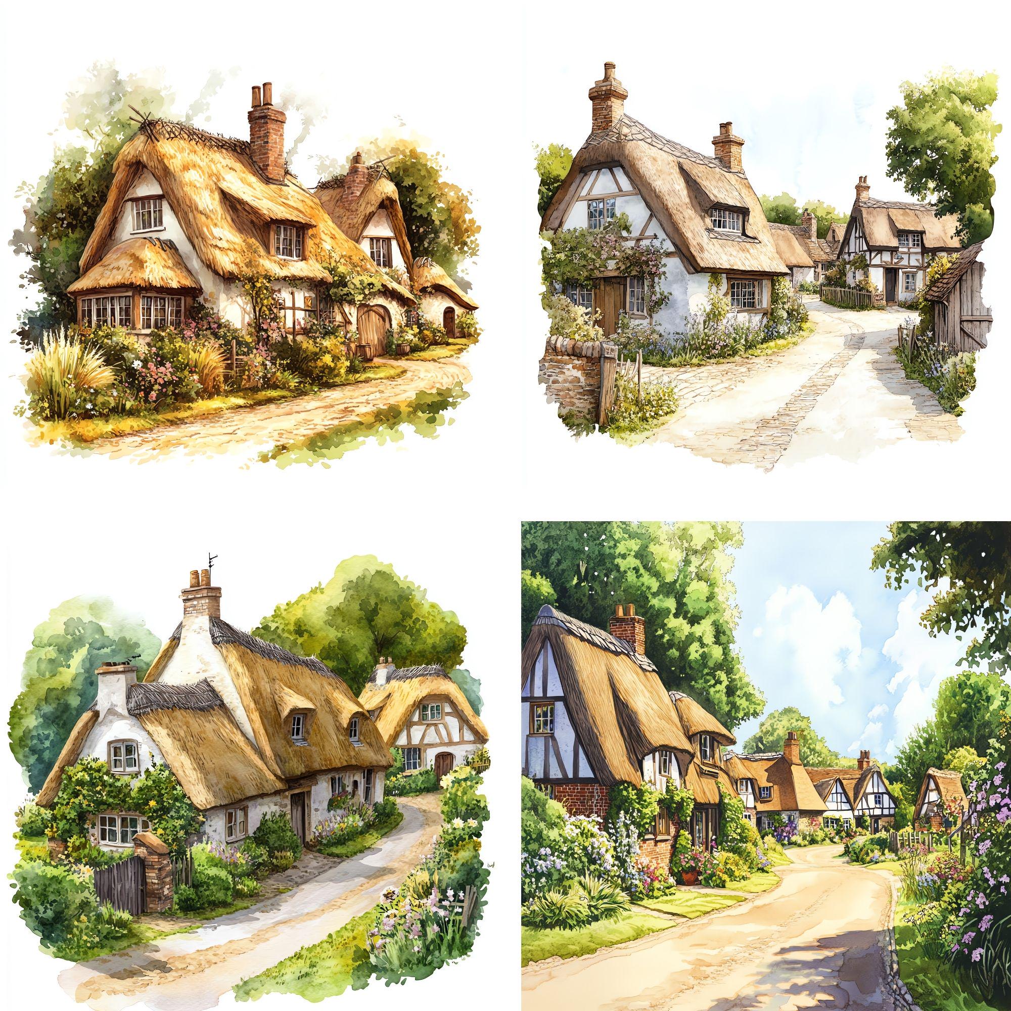 12 Watercolor English Thatched Roof Cottage Scenes Clipart JPG Images ...