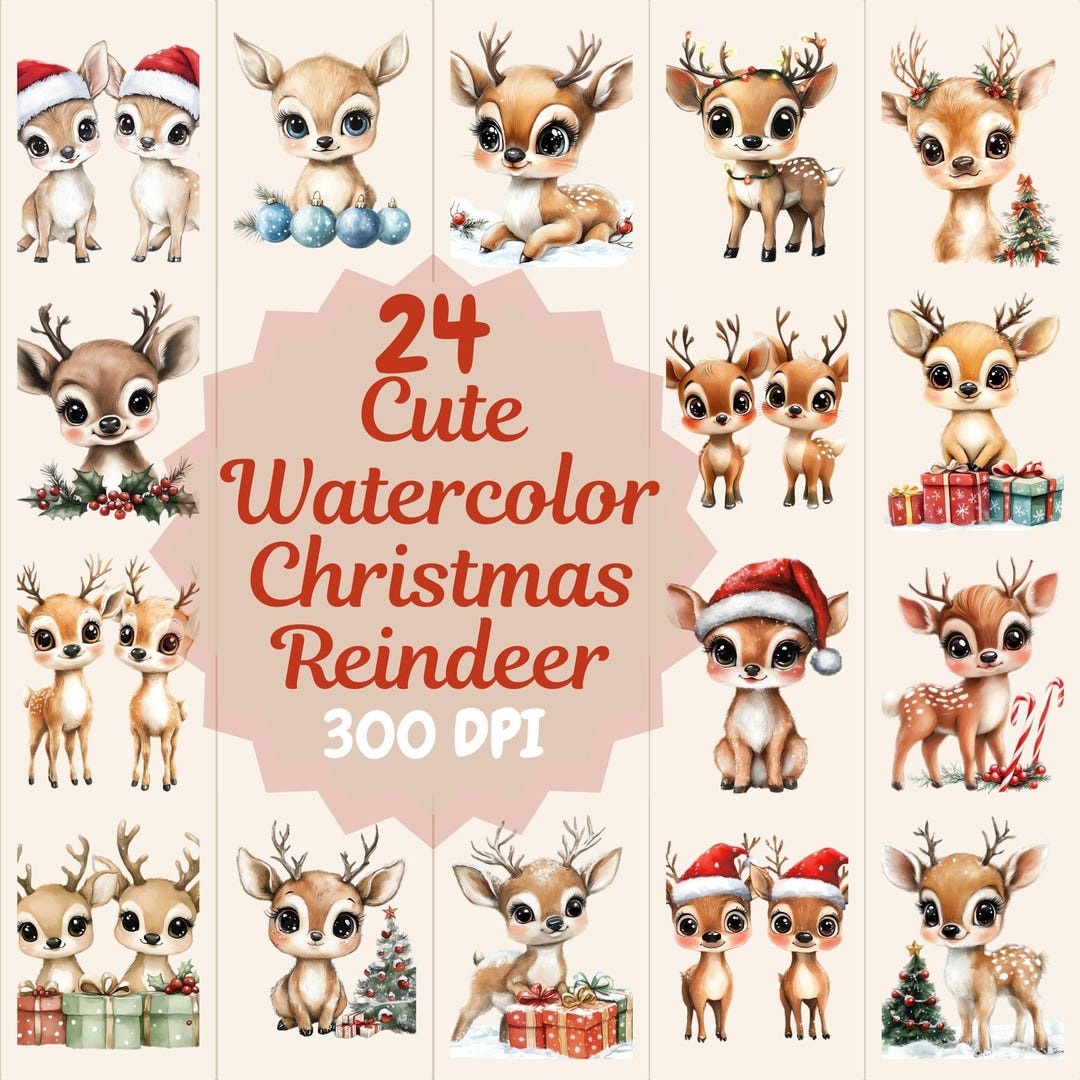 24 Christmas Cute Reindeer, Watercolor PNG Clipart, Transparent ...
