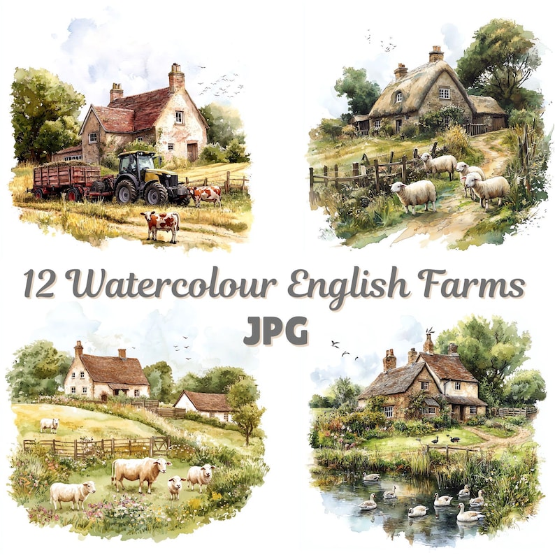 12 Watercolor English Farm Scenes Clipart JPG Images, Card Making, Junk ...