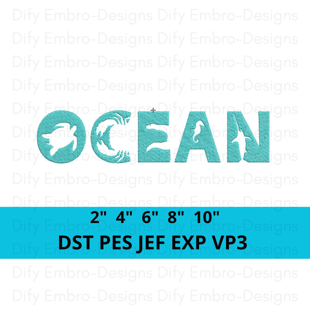 Ocean Word Embroidery Design With Sea Animals, Turtle Dolphin Seahorse ...