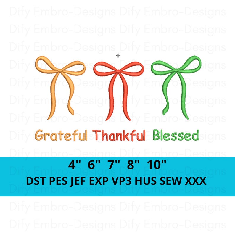 Grateful Thankful Blessed Bow Embroidery Design, Thanksgiving Ribbon ...