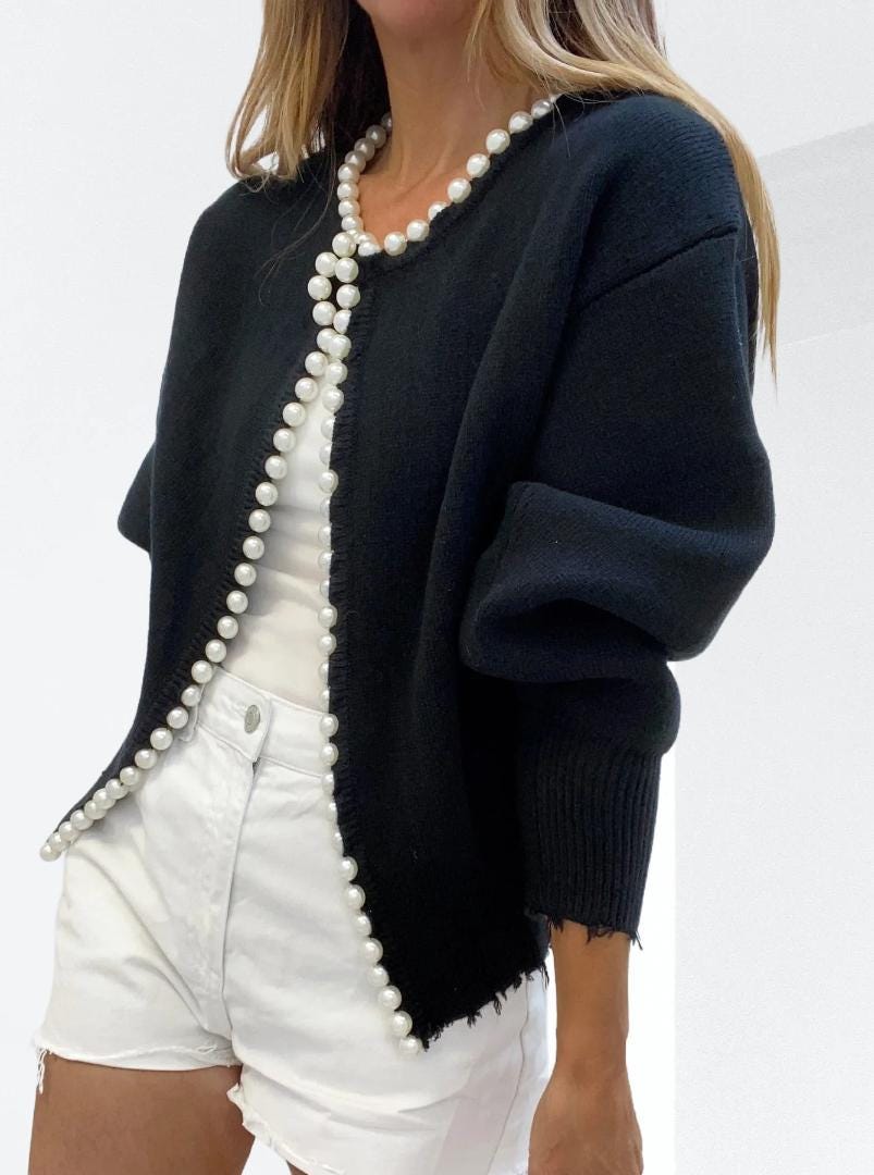 Black Pearl-embellished Open-front Cardigan – Elegant Statement Sweater ...