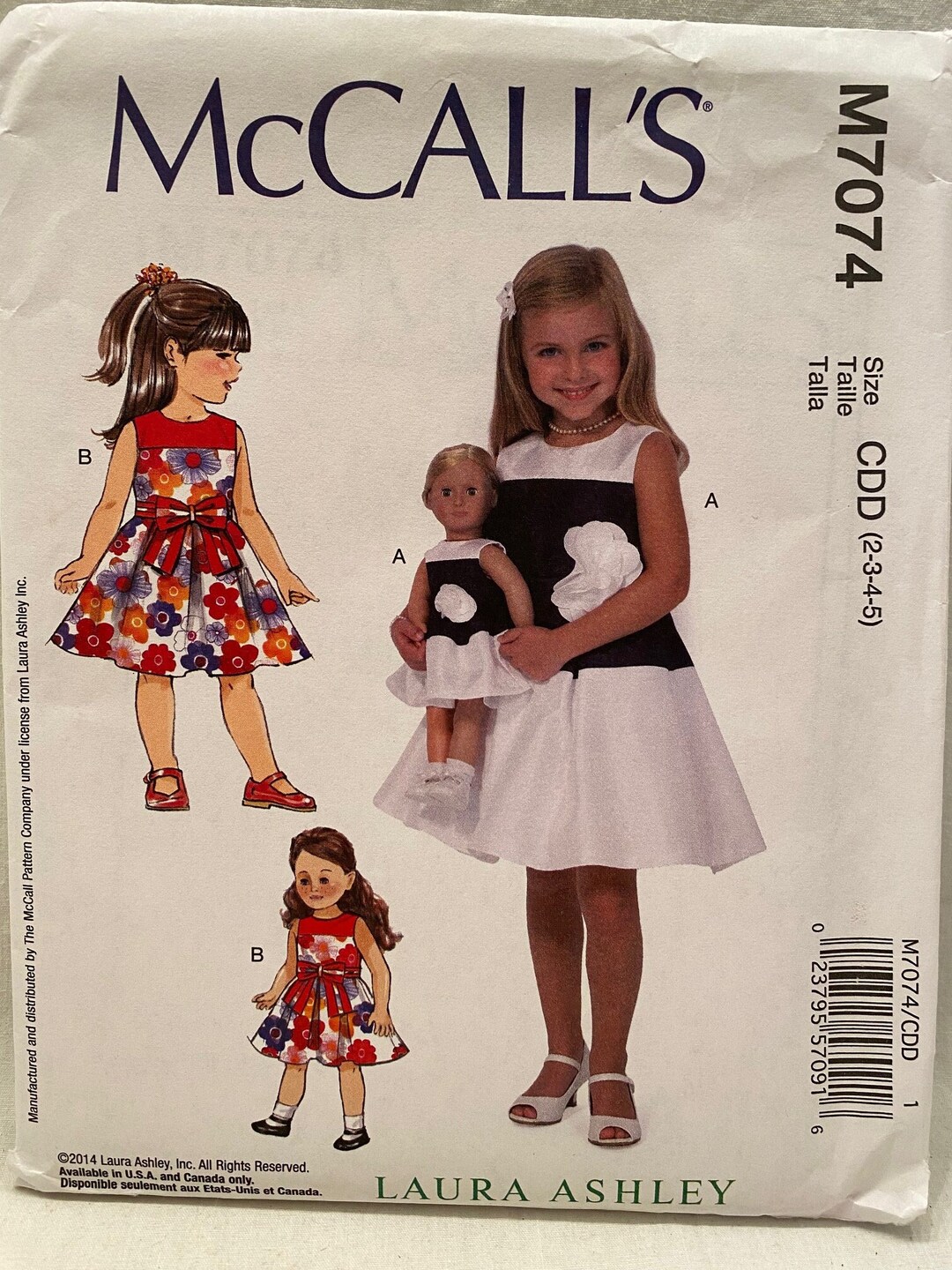 UNCUT Mccall's M7074 Size: 2 to 5 Children's/girl's /18" Dolls, Dresses ...