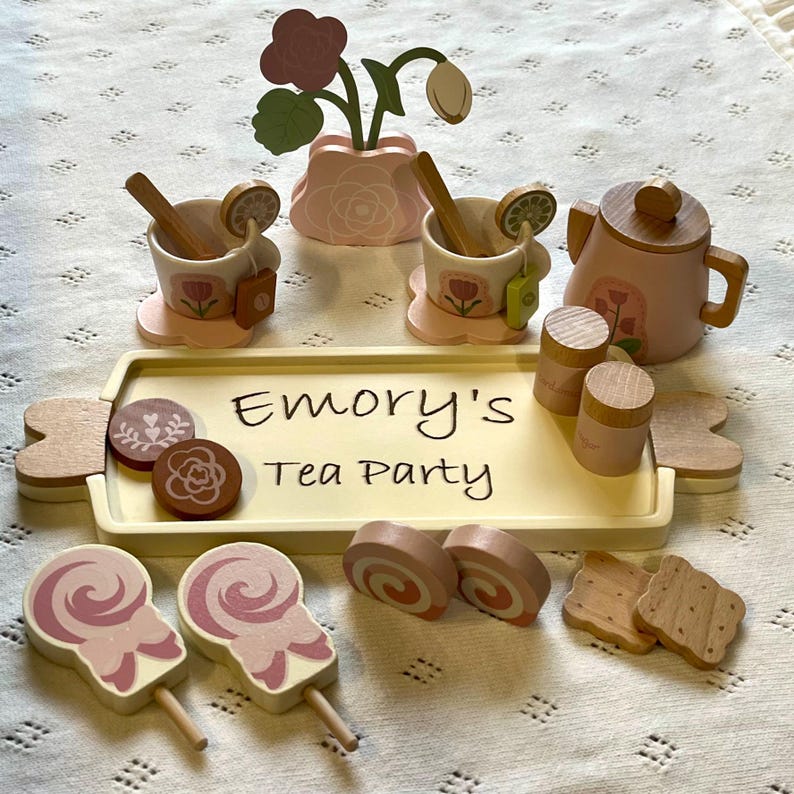 Personalized Wooden Tea Party Play Set, Custom Tea Set Toy for Toddlers ...