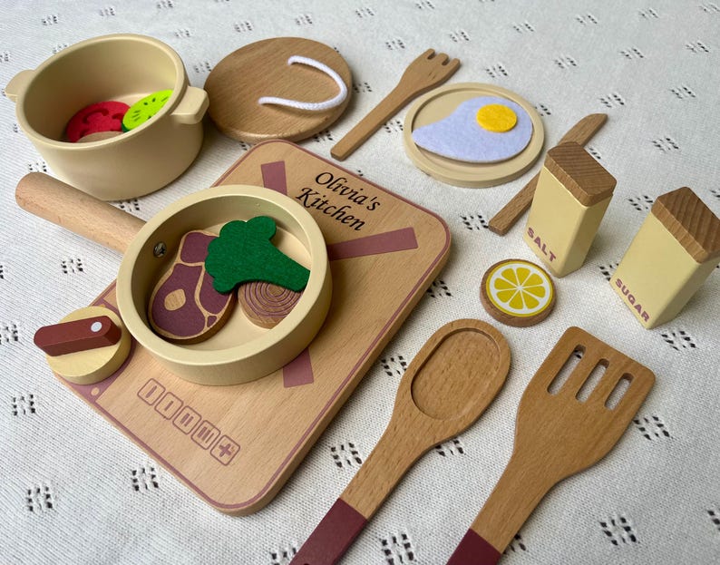 Personalized Wooden Play Kitchen Set for Kids–montessori Toy Dishes ...