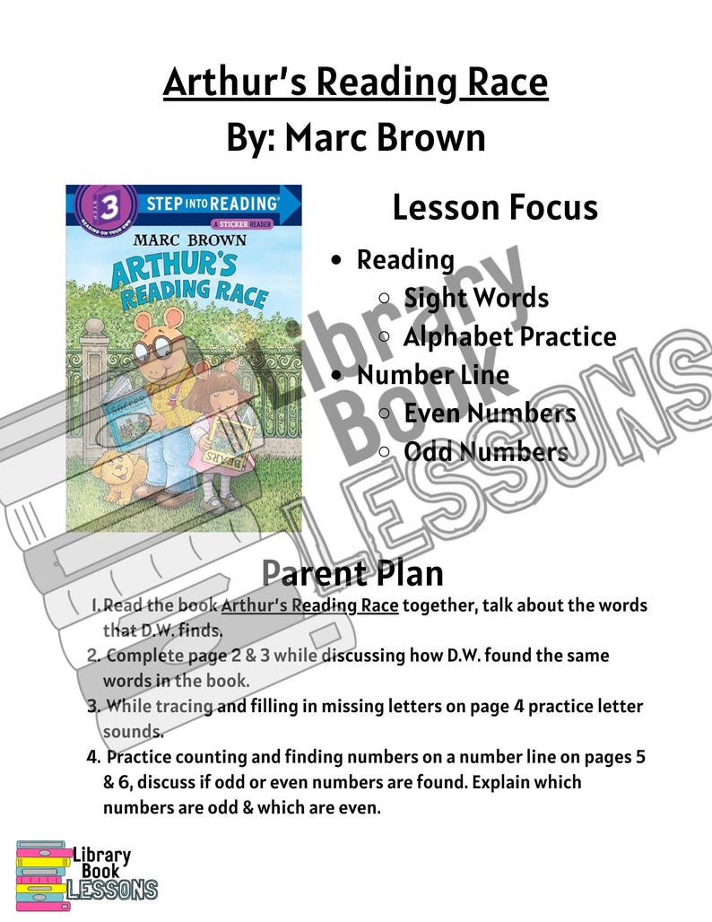 Toddler / Preschool Lesson Plan Worksheet Companion to Arthur's Reading ...
