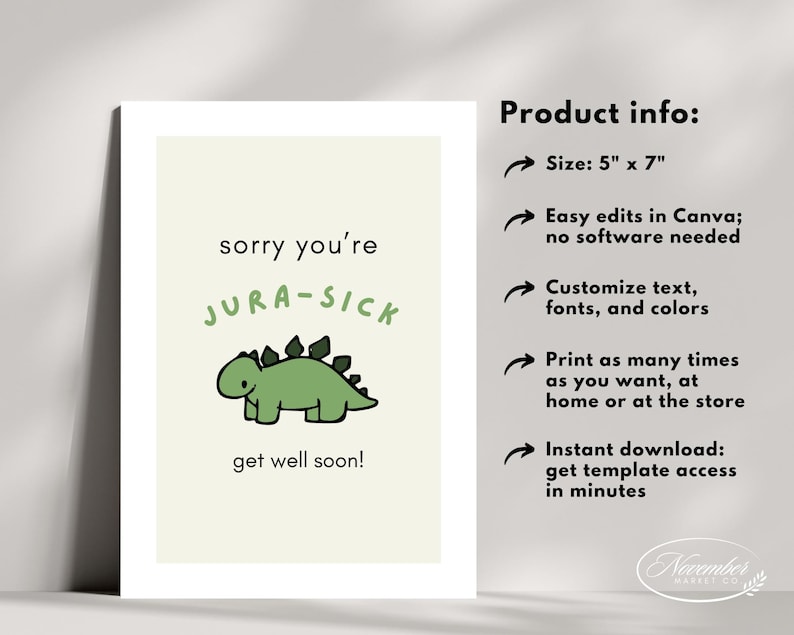 Dinosaur Get Well Card for Kids: Fun Dino Doodle (5x7 Inches, Editable ...