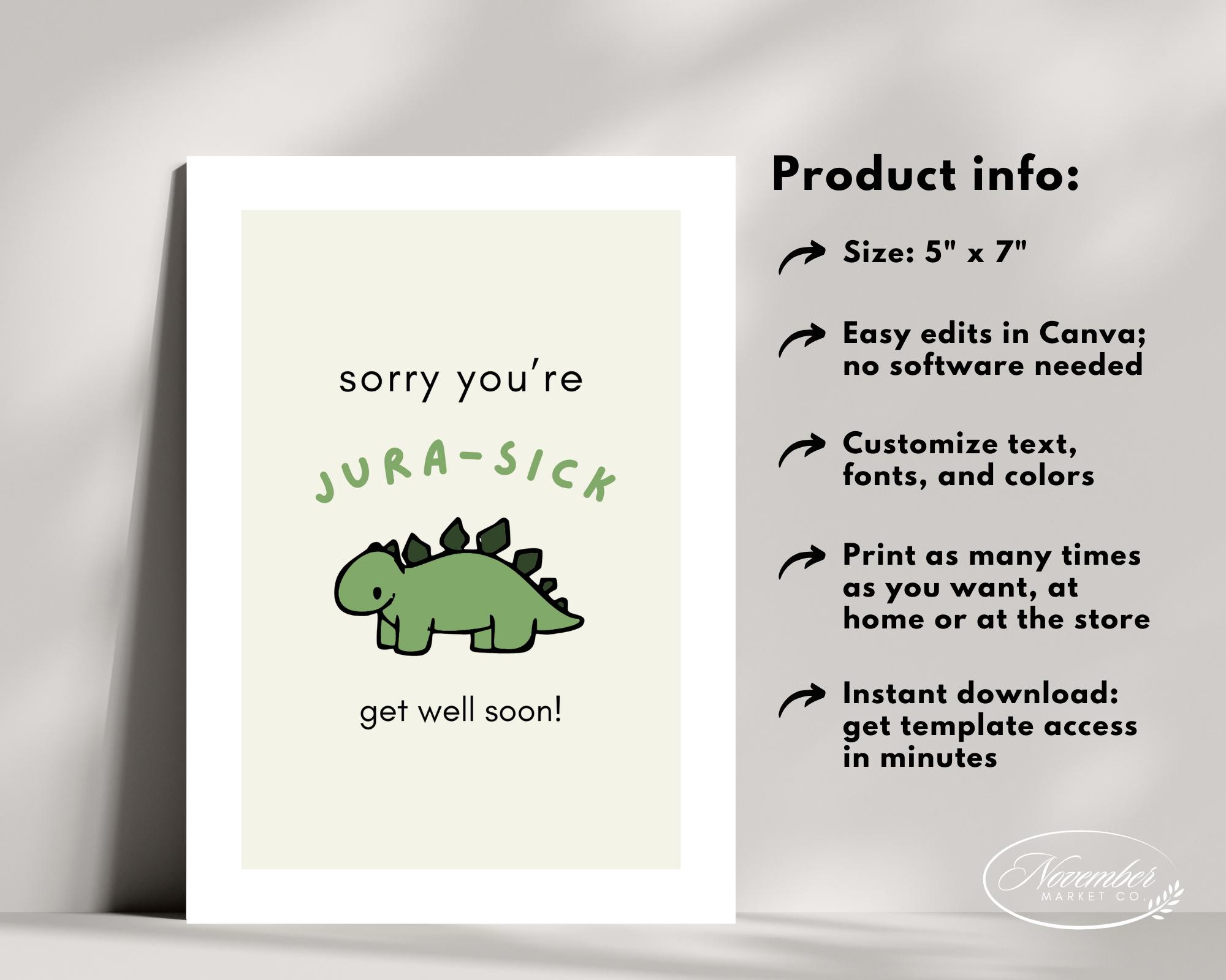 Dinosaur Get Well Card for Kids: Fun Dino Doodle (5x7 Inches, Editable ...