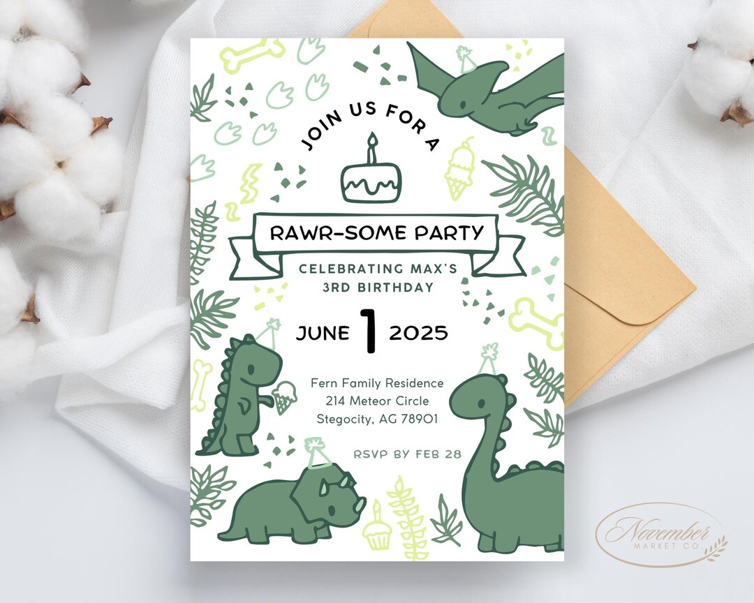 Dinosaur Birthday Invitation Printable Card for Kids, Fun Dino Doodle ...