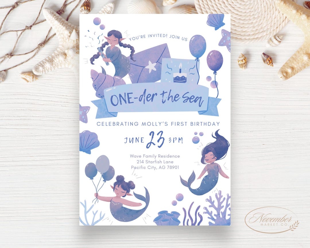 Mermaid First Birthday Invitation: Ocean Theme, Canva Template (5x7 ...