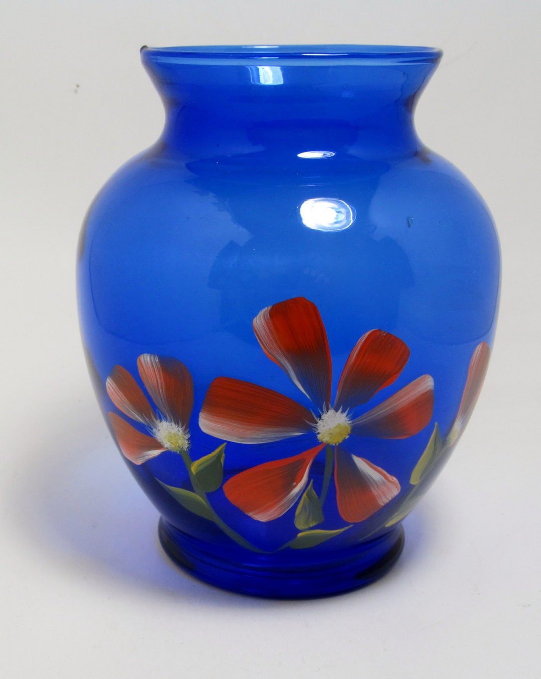 Hand Painted Blue Vase / Red Poppy Flower/ Recycled Glassware / Cobalt ...