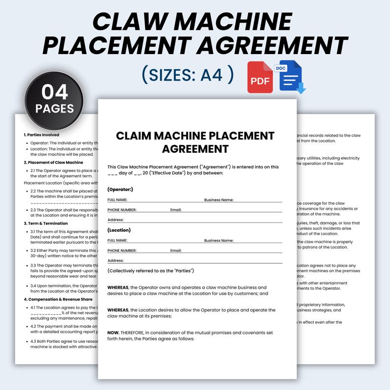 Editable Claw Machine Placement Agreement, Professional Claw Machine ...