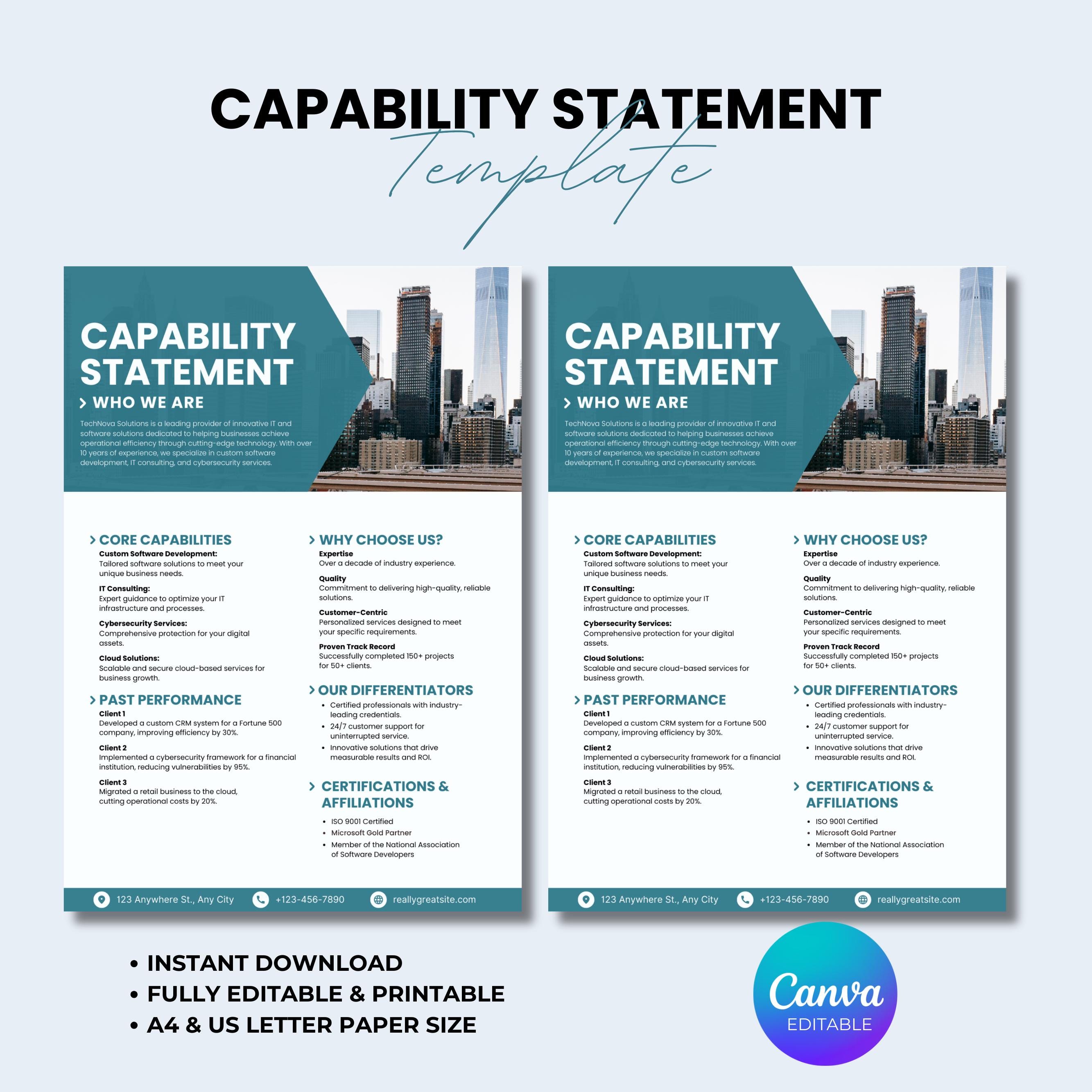 Capability Statement Template Canva, Corporate Flyer, Editable Business Capability Statement ...