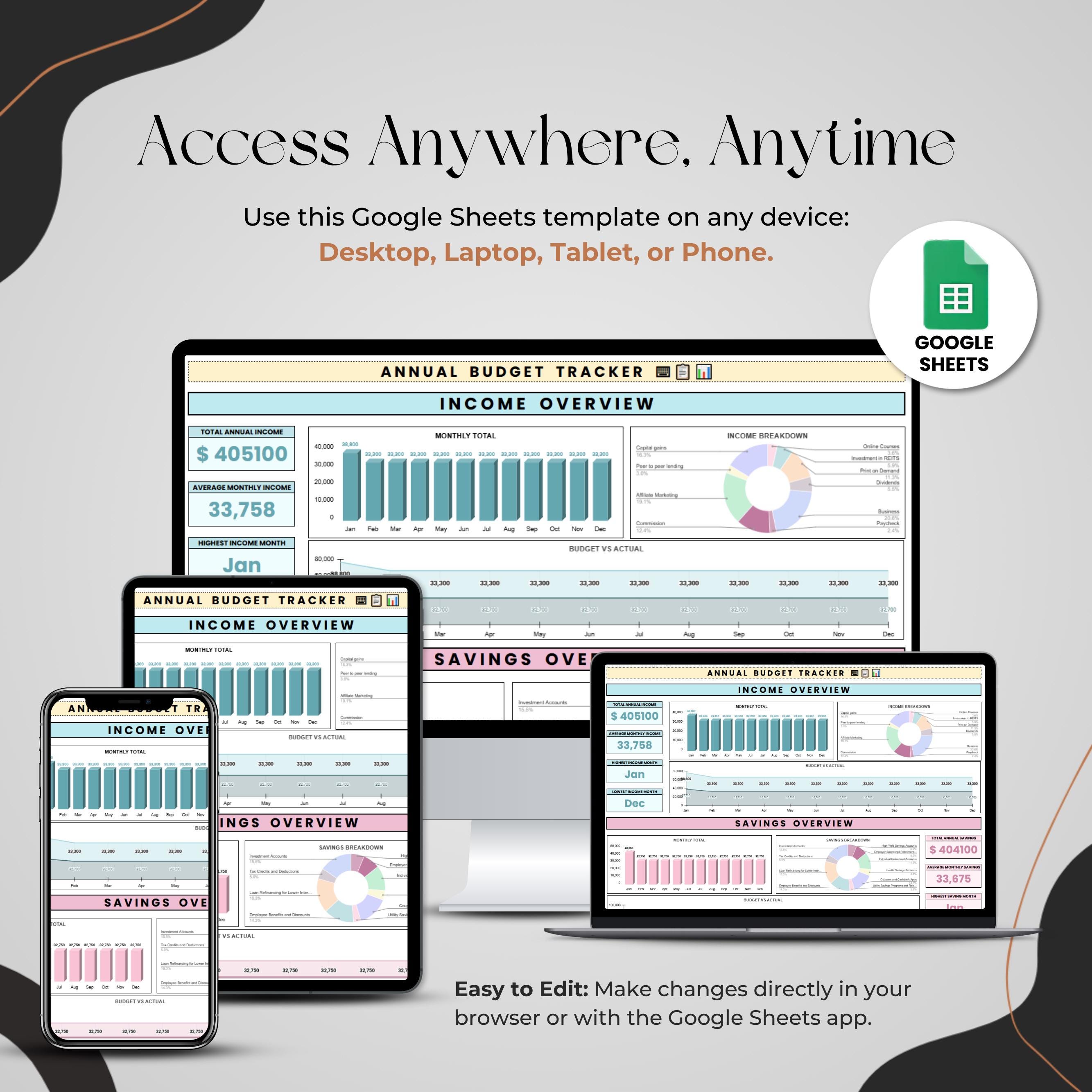 Annual & Monthly Budget Spreadsheet, Budget Google Sheets Template ...