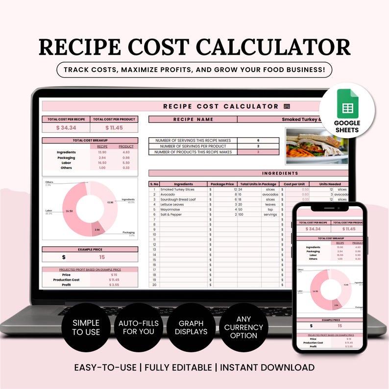 Recipe Cost Calculator Google Sheets, Recipe Calculator Template, Small ...