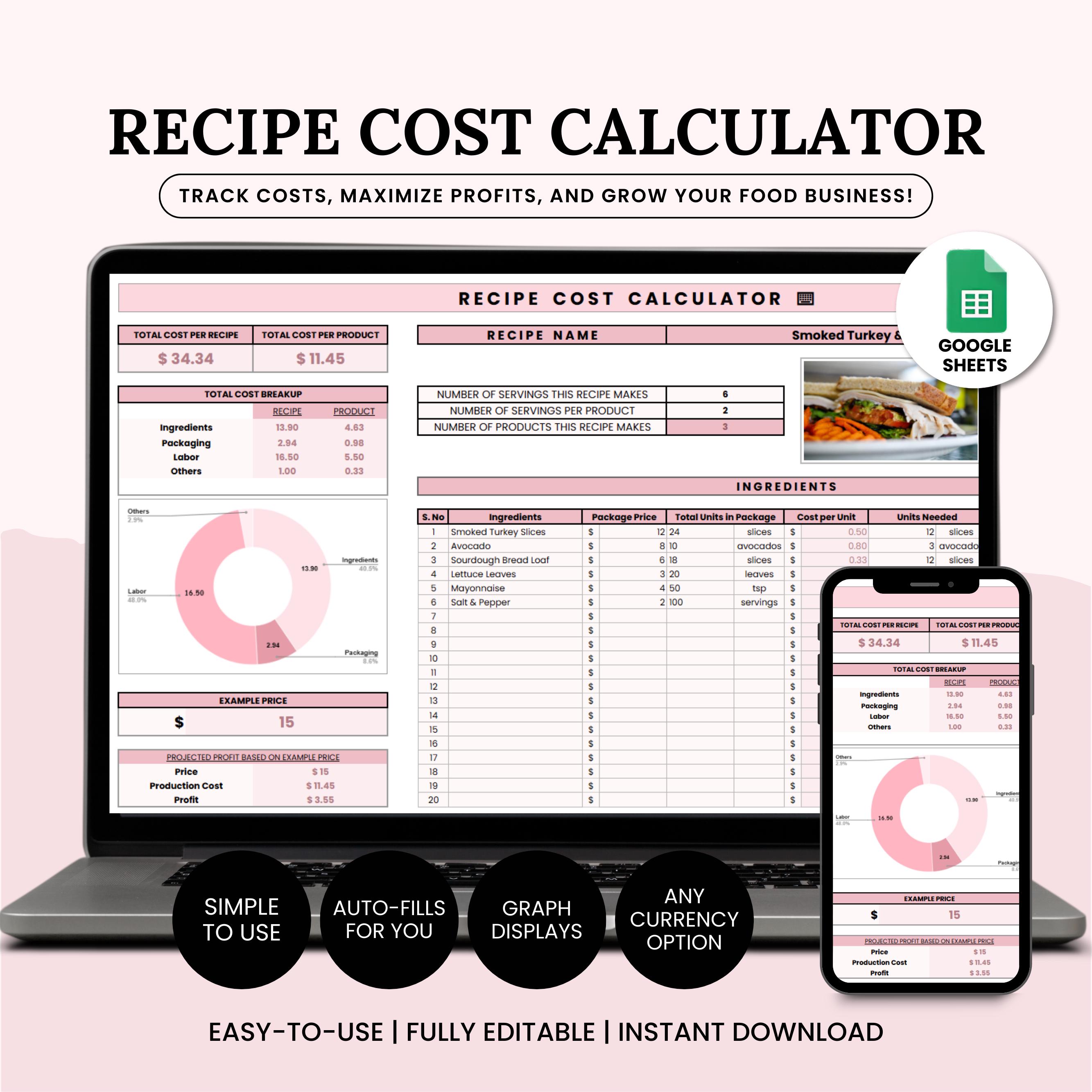 Recipe Cost Calculator Google Sheets, Recipe Calculator Template, Small ...