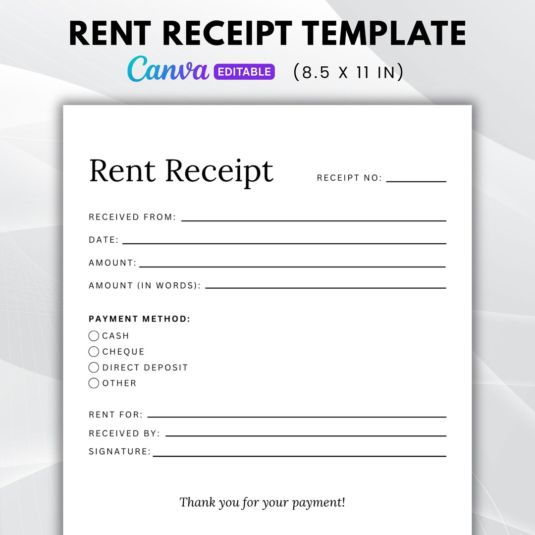 Editable Rent Receipt Template, Printable Simple Rent Receipt ...