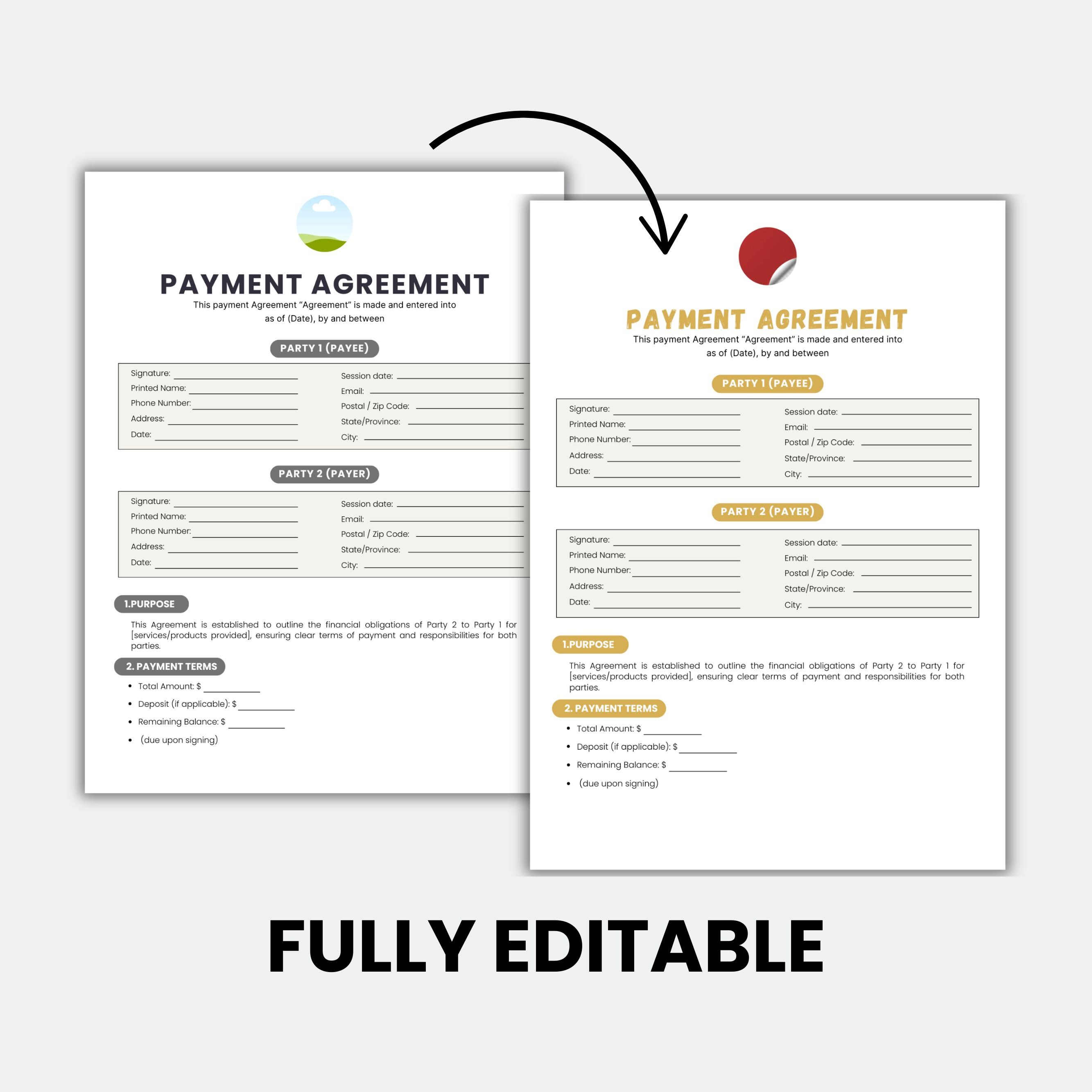 Payment Agreement Contract Template, Agreement Template, Payment ...