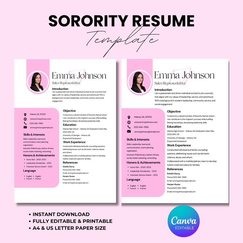 Sorority Resume Template, Sorority Pink Resume Template, Sorority ...