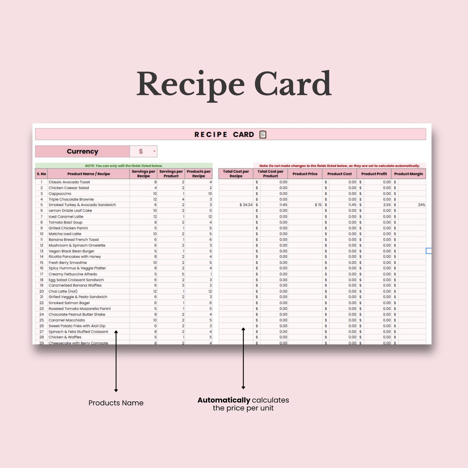 Recipe Cost Calculator Google Sheets, Recipe Calculator Template, Small ...
